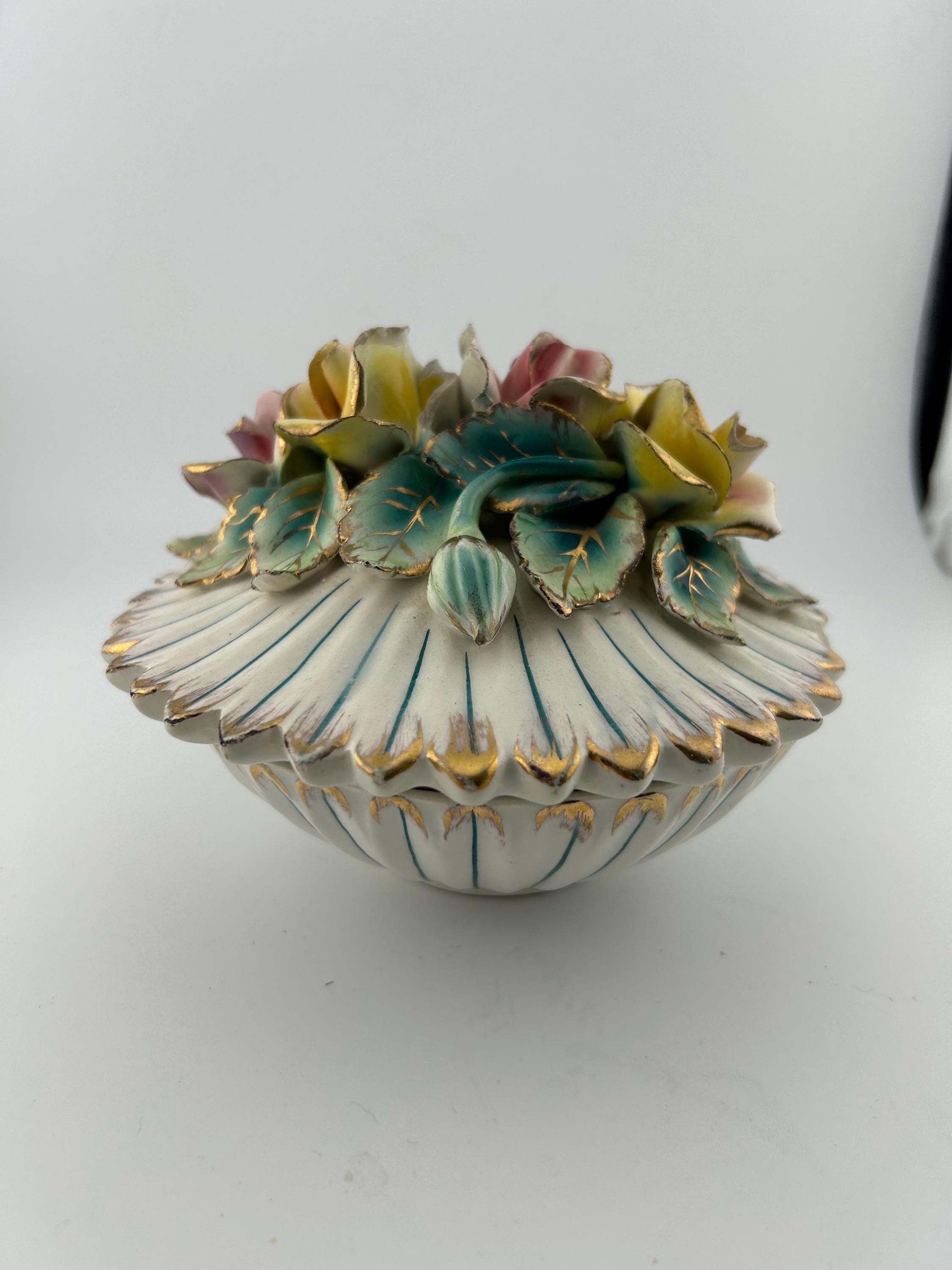 Vintage Capodimonte Hand Painted Rose Lidded Ceramic Center Piece Dish ...