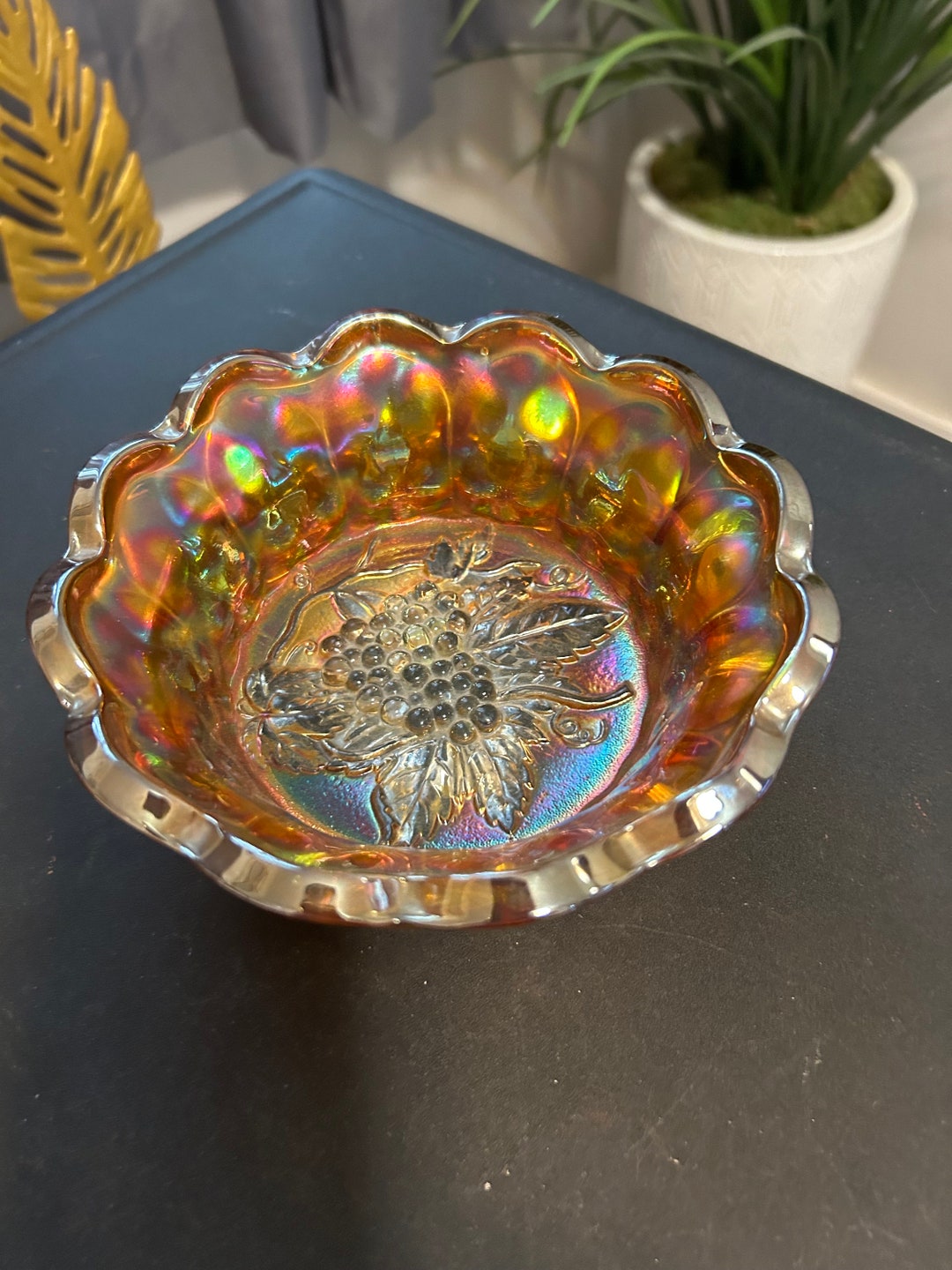 Imperial Carnival Glass Nappy Bowl Marigold Luster 6.5” Grape Nappy ...