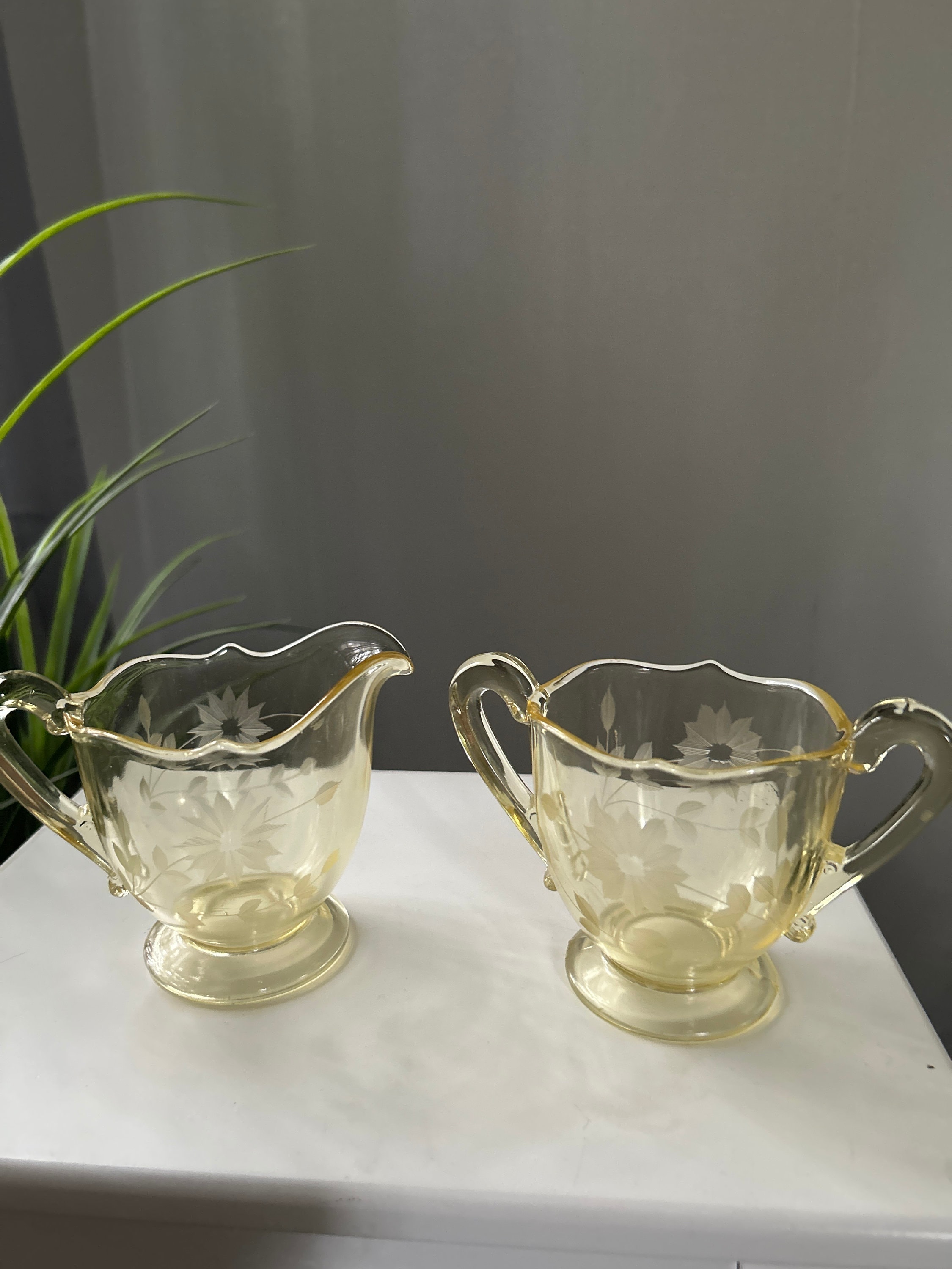 Lancaster Yellow Depression Glass Jubilee Pattern Creamer and Sugar Set ...