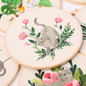 Cat Embroidery Kit for Beginner Floral Modern Plant Hand Embroidery Kit ...
