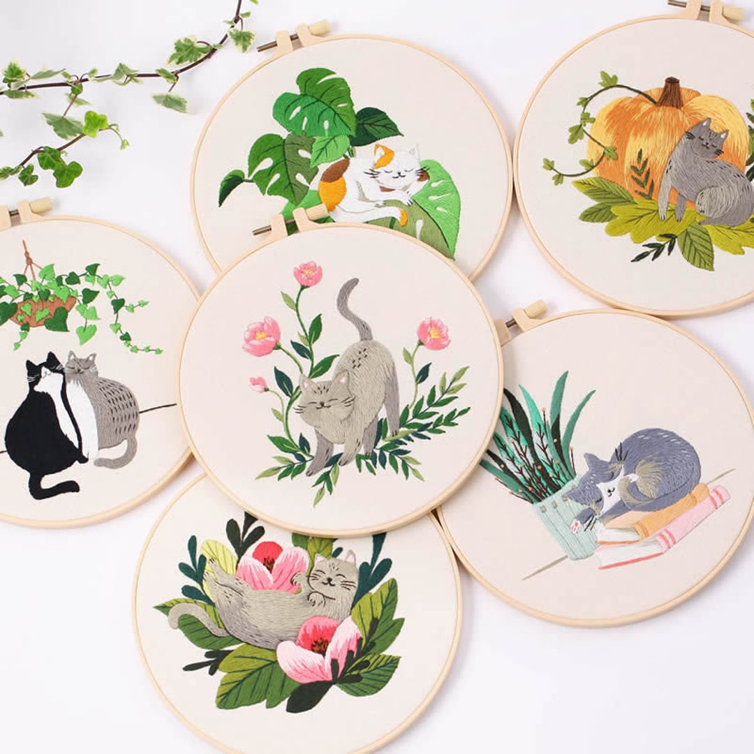 Cat Embroidery Kit for Beginner Floral Modern Plant Hand Embroidery Kit ...