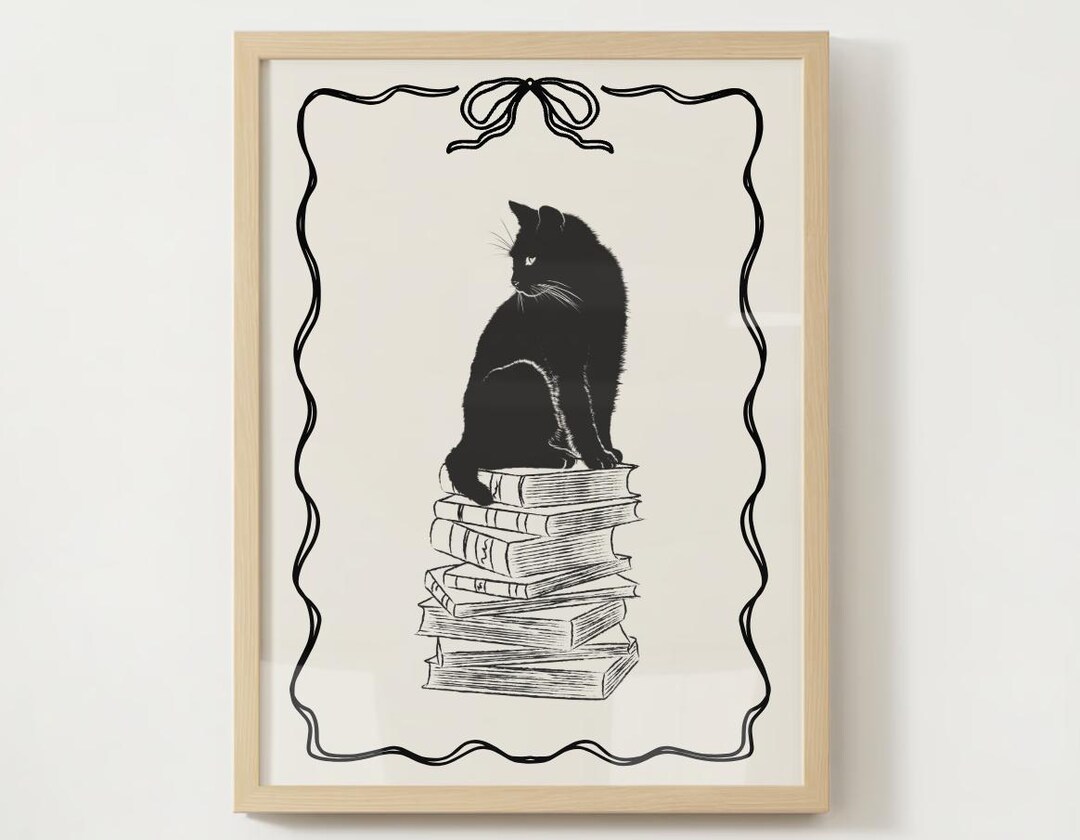 Cute Cat Books Digital Download Poster Print Wall Art Bow - Etsy
