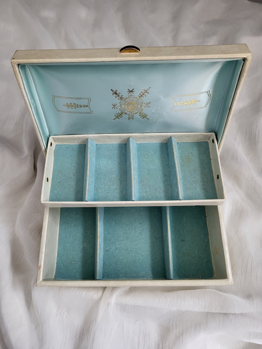 Vintage Mele Cream Jewelry Box With Blue Velvet Interior - Etsy