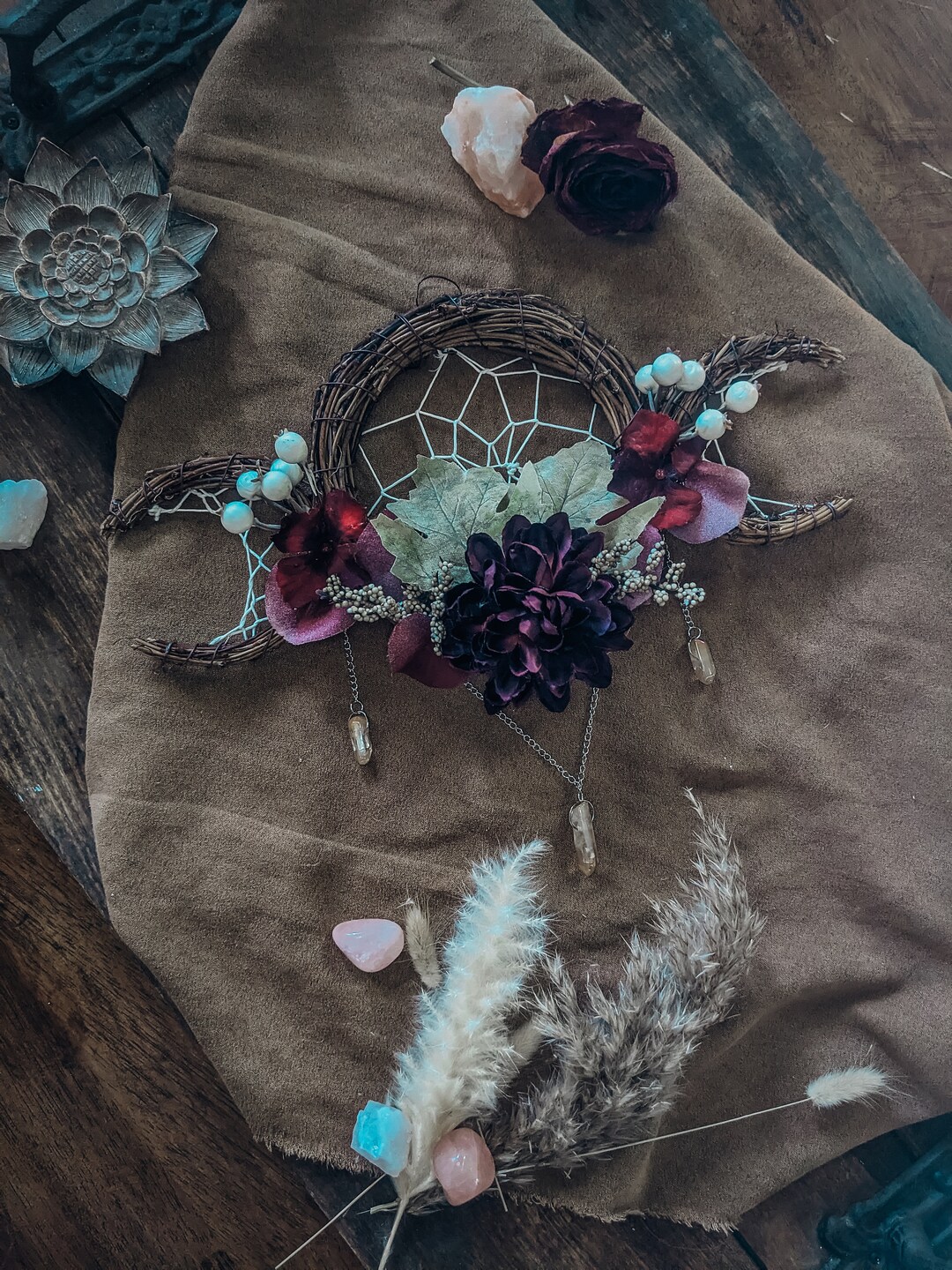 Handmade Phases of the Moon Floral Wreath With Hanging Crystal - Etsy