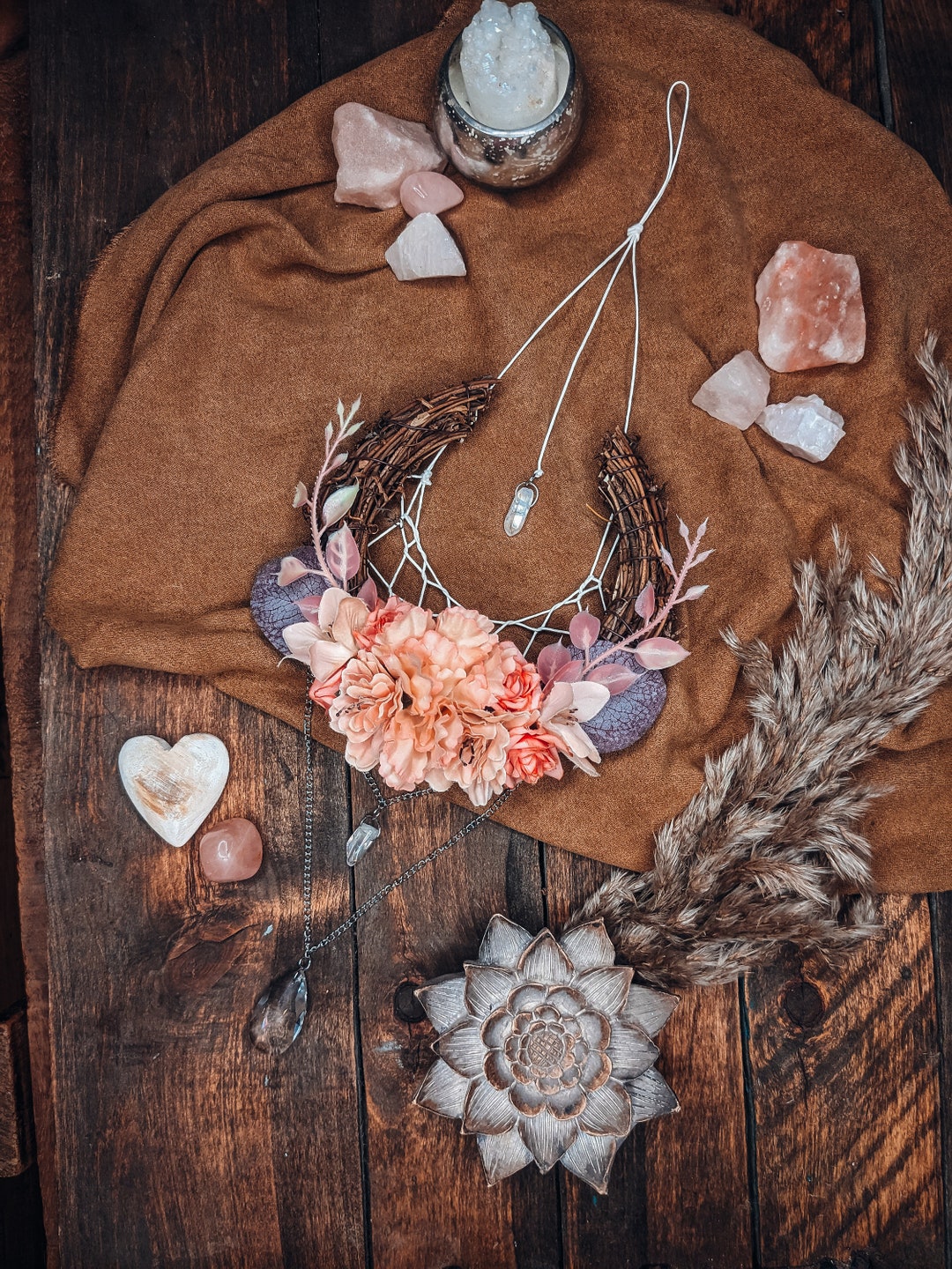Blush Pallet Cheshire Moon Floral Wreath With Layered Dangling Crystal ...