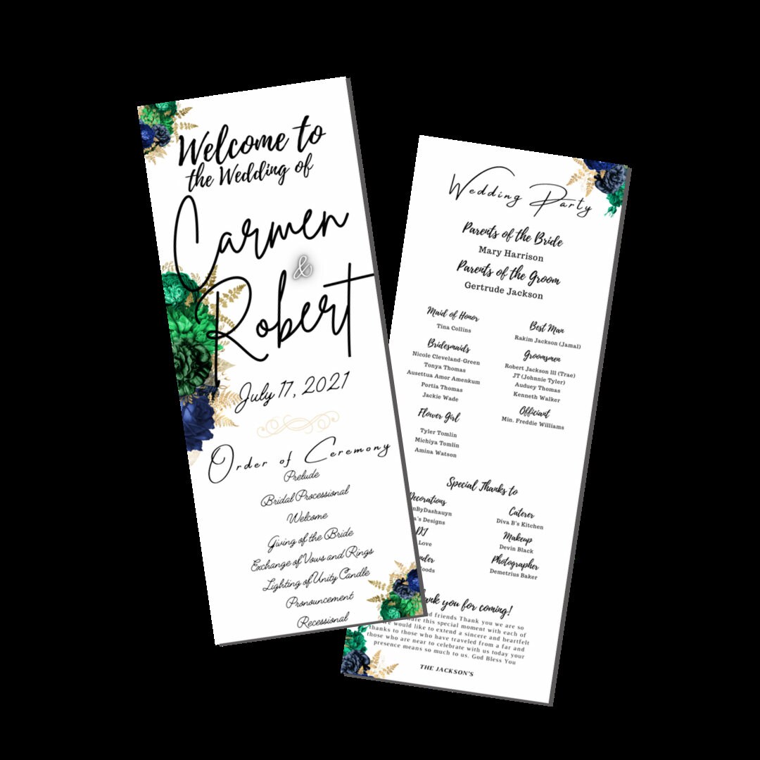 Emerald Green Navy and Gold Floral Wedding Program DIY Editable ...