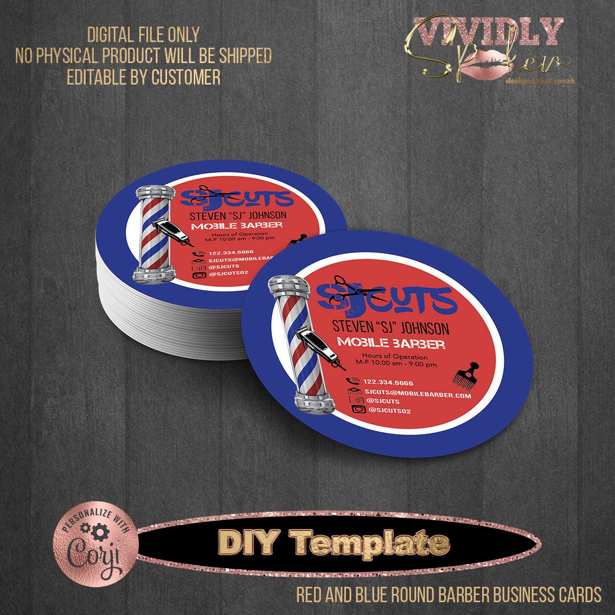 Red and Blue Round Barber Business Cards DIY Editable Template Download ...