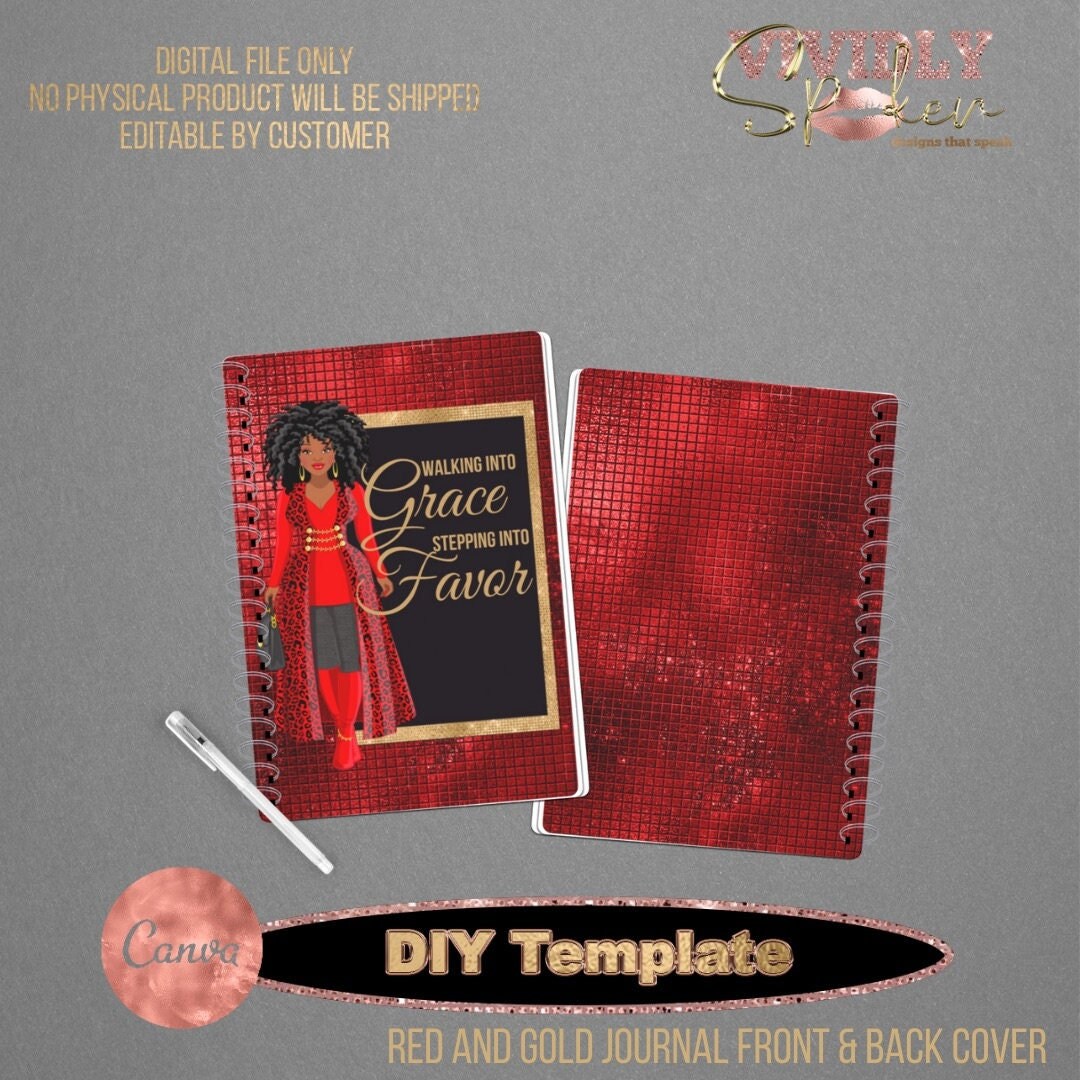 Red and Gold Woman Front and Back Journal Cover DIY Editable Template ...