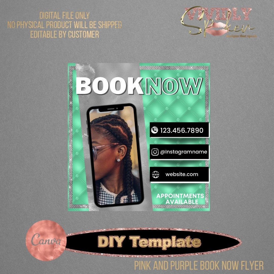 Green and Silver Book Now Flyer DIY Editable Canva Template Download - Etsy