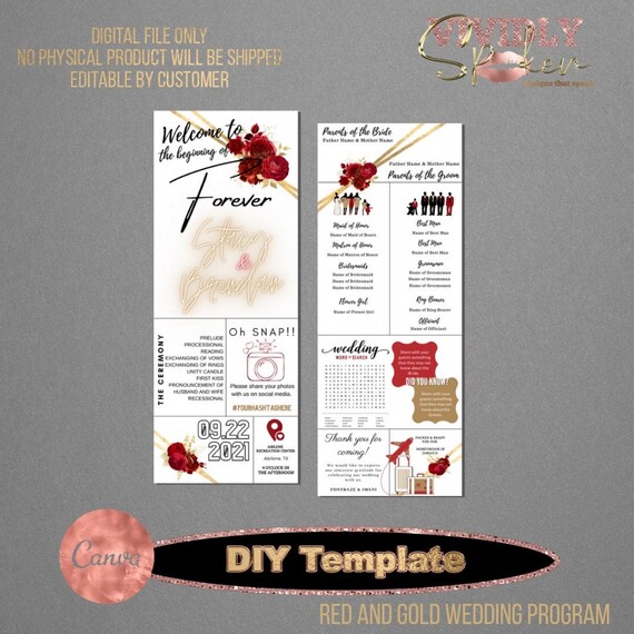 Red and Gold Wedding Program DIY Editable Template Download | Etsy