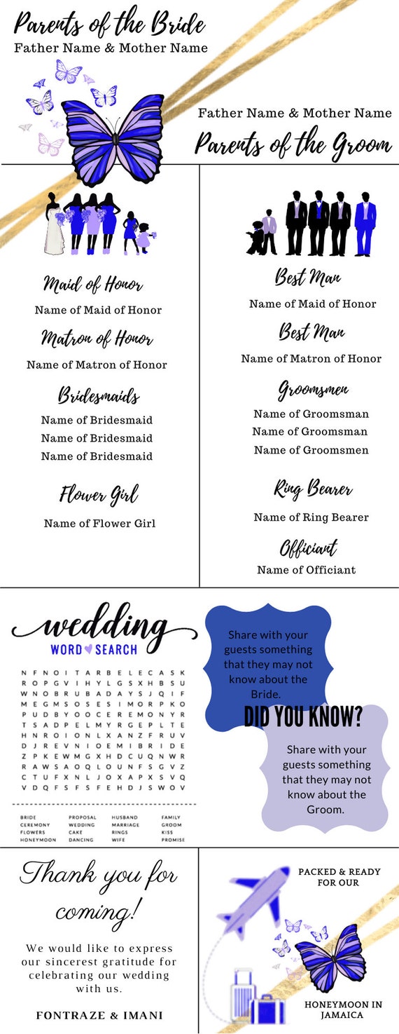 Blue Butterfly Wedding Program Template Watercolor Wedding Invitation