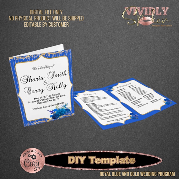Royal Blue and Gold Wedding Program DIY Editable Template | Etsy