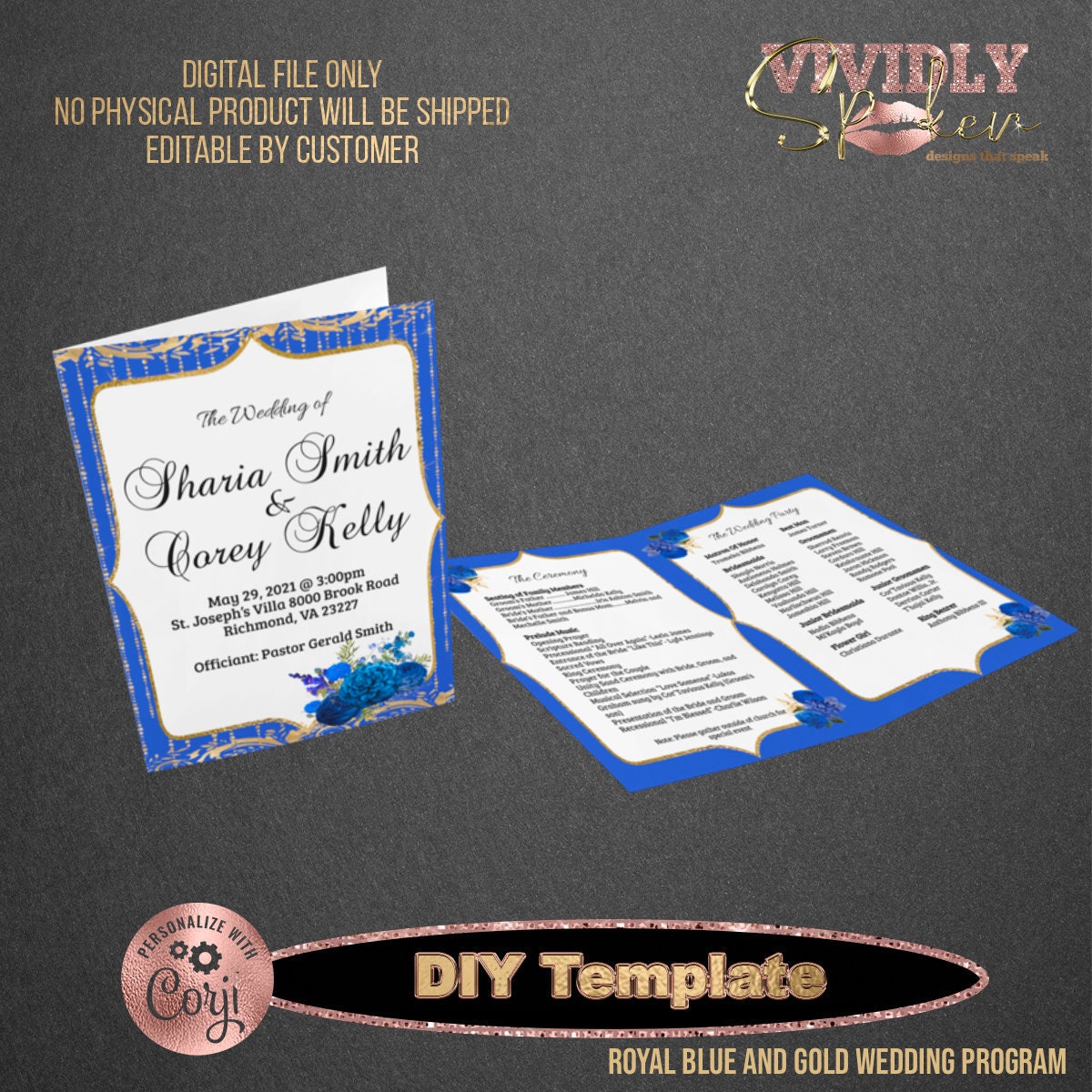Royal Blue and Gold Wedding Program DIY Editable Template Download - Etsy
