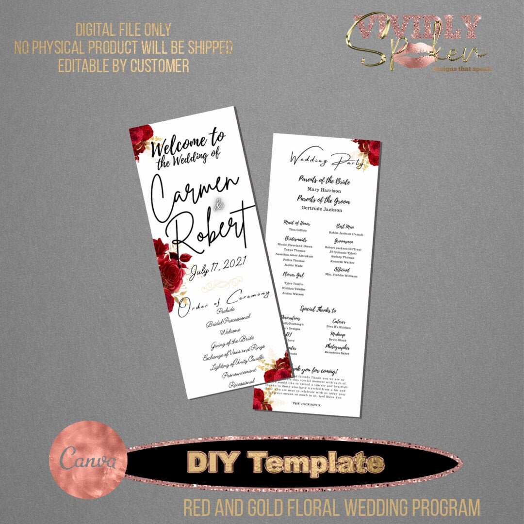 Red and Gold Floral Wedding Program DIY Editable Template Download - Etsy