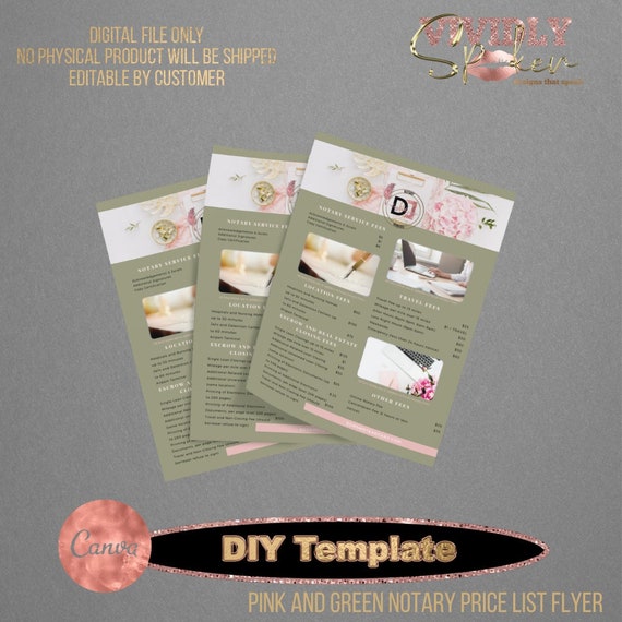 Pink and Green Notary Price List Flyer DIY Editable Template | Etsy