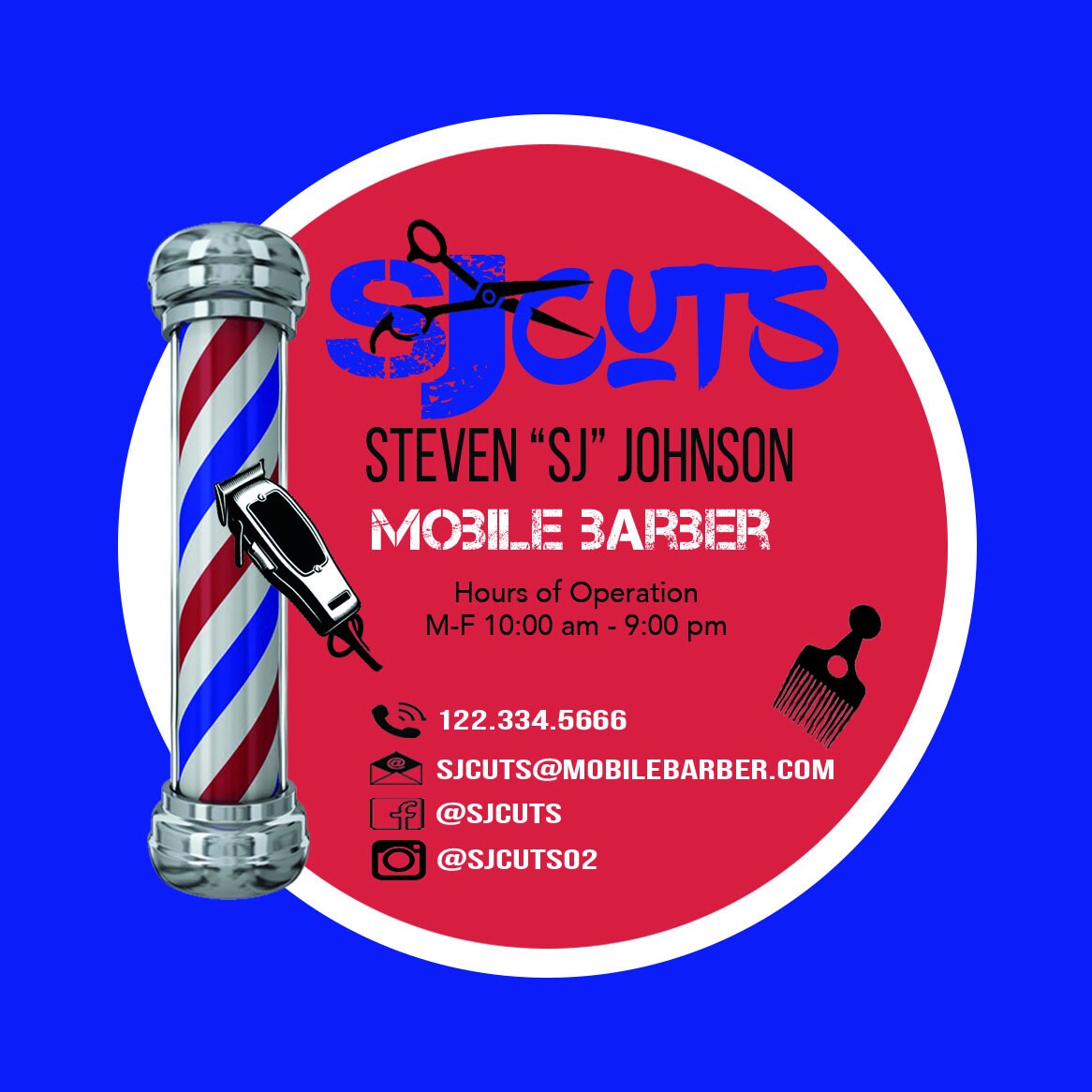 Red and Blue Round Barber Business Cards DIY Editable Template Download ...