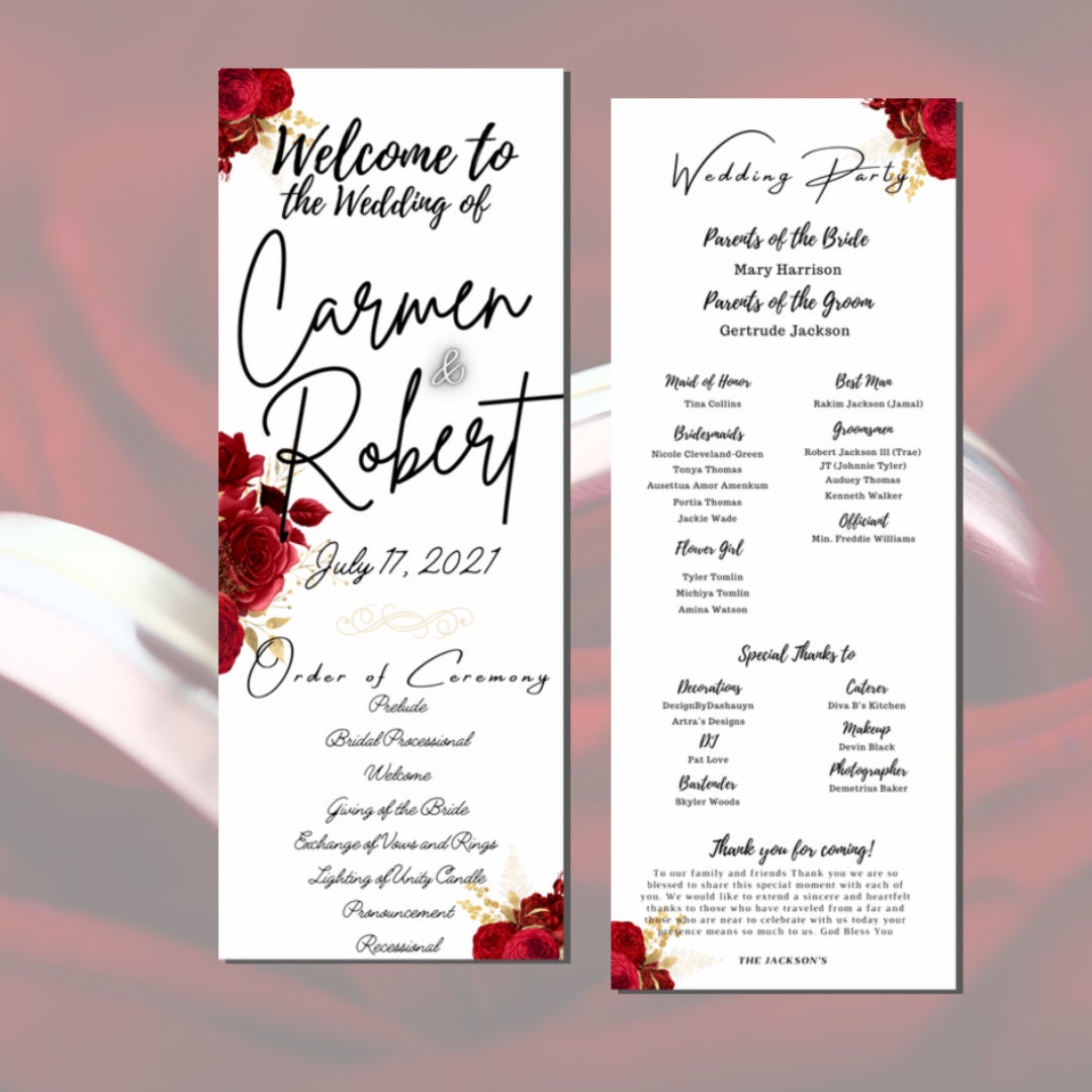 Red and Gold Floral Wedding Program DIY Editable Template Download - Etsy