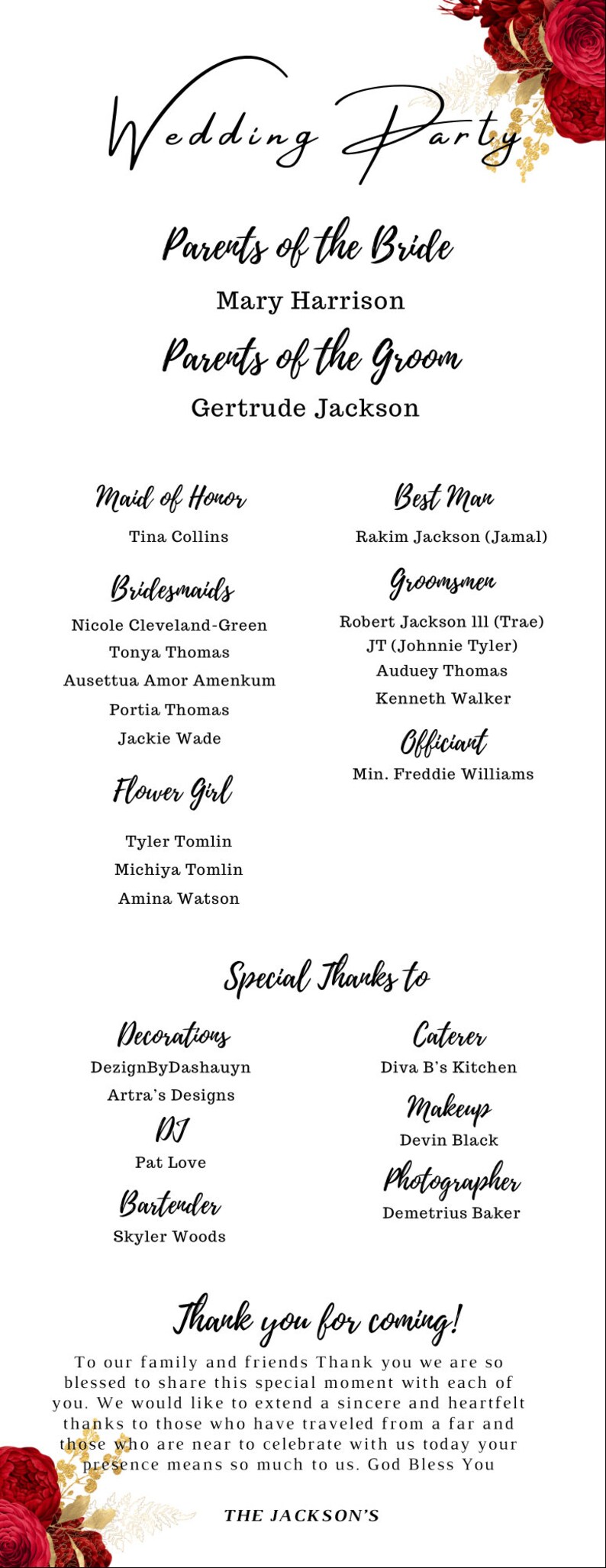 Red and Gold Floral Wedding Program DIY Editable Template Download - Etsy