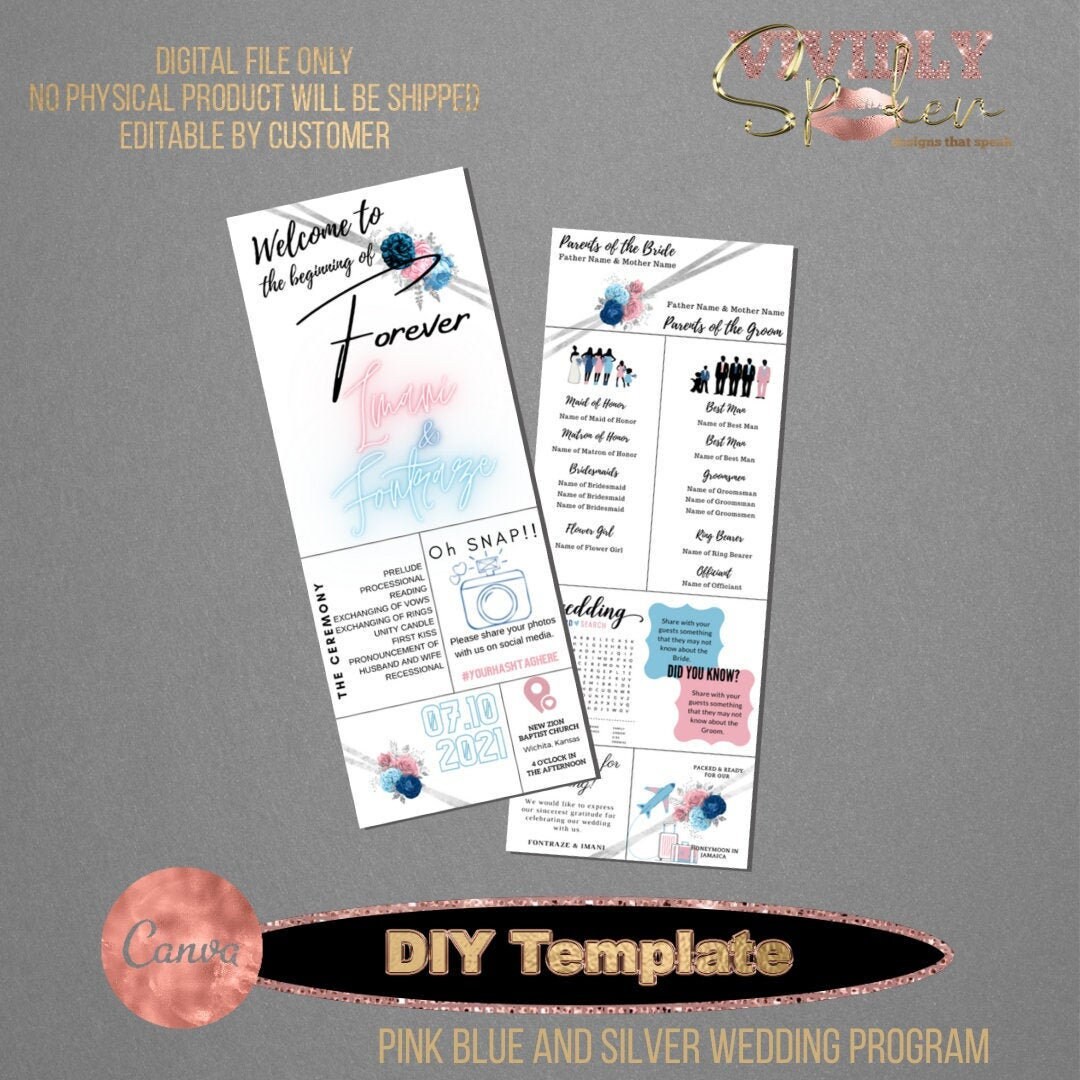 Blue Pink and Silver Wedding Program DIY Editable Template Download - Etsy