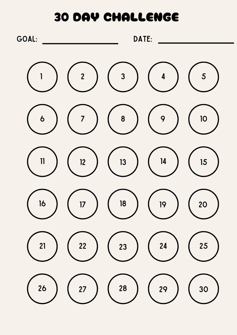 30 Day Challenge Sheet A4 Printable 30 Day Goal Tracker 30 Day Monthly ...