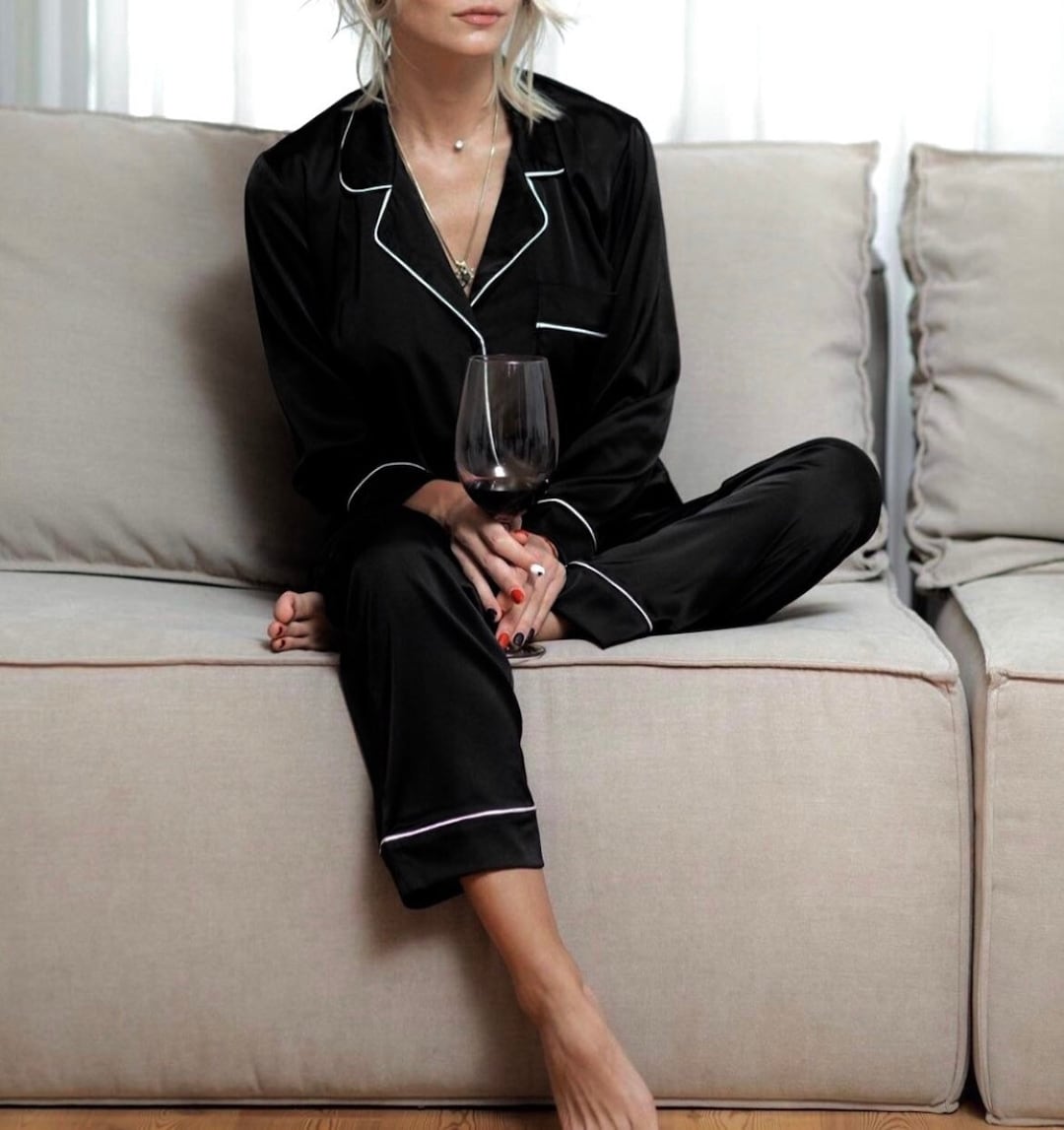 Organic Cotton Sateen Pajama Set: Classic Black Sleepwear Bridal Party ...