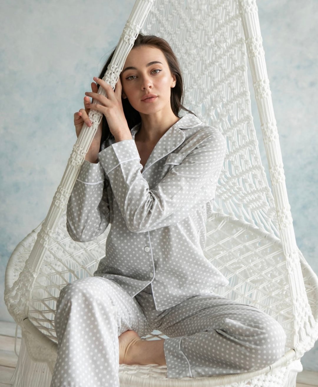 Cotton Pajama Set Polka Dots Grey Pajamas Coarse Calico Pajamas 100% ...