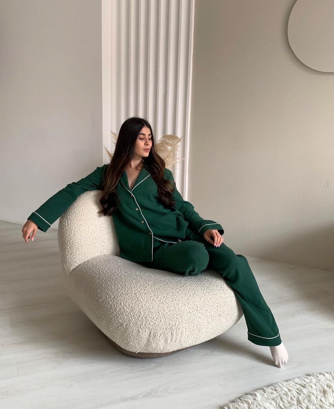 Emerald Green Muslin Pajama Set: 100% Cotton Double Gauze Loungewear ...