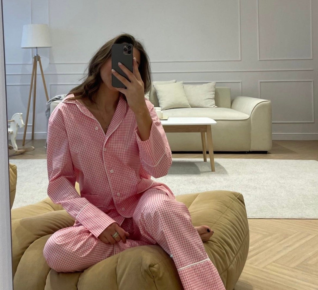 Cotton Pajama Set Plaid Pink Pajama Woman Cotton Pajamas Bridal Pajamas ...