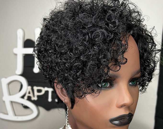 WIG/ Pixie Cut Curly/ Short Curly 100% Human Hair Wig/natural Black Wig ...