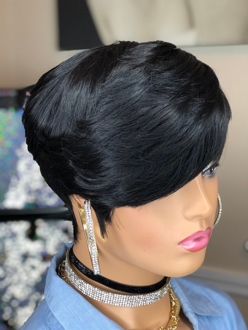 Short Human Hair Wig: Black Feathered Bang Pixie Cut - Etsy