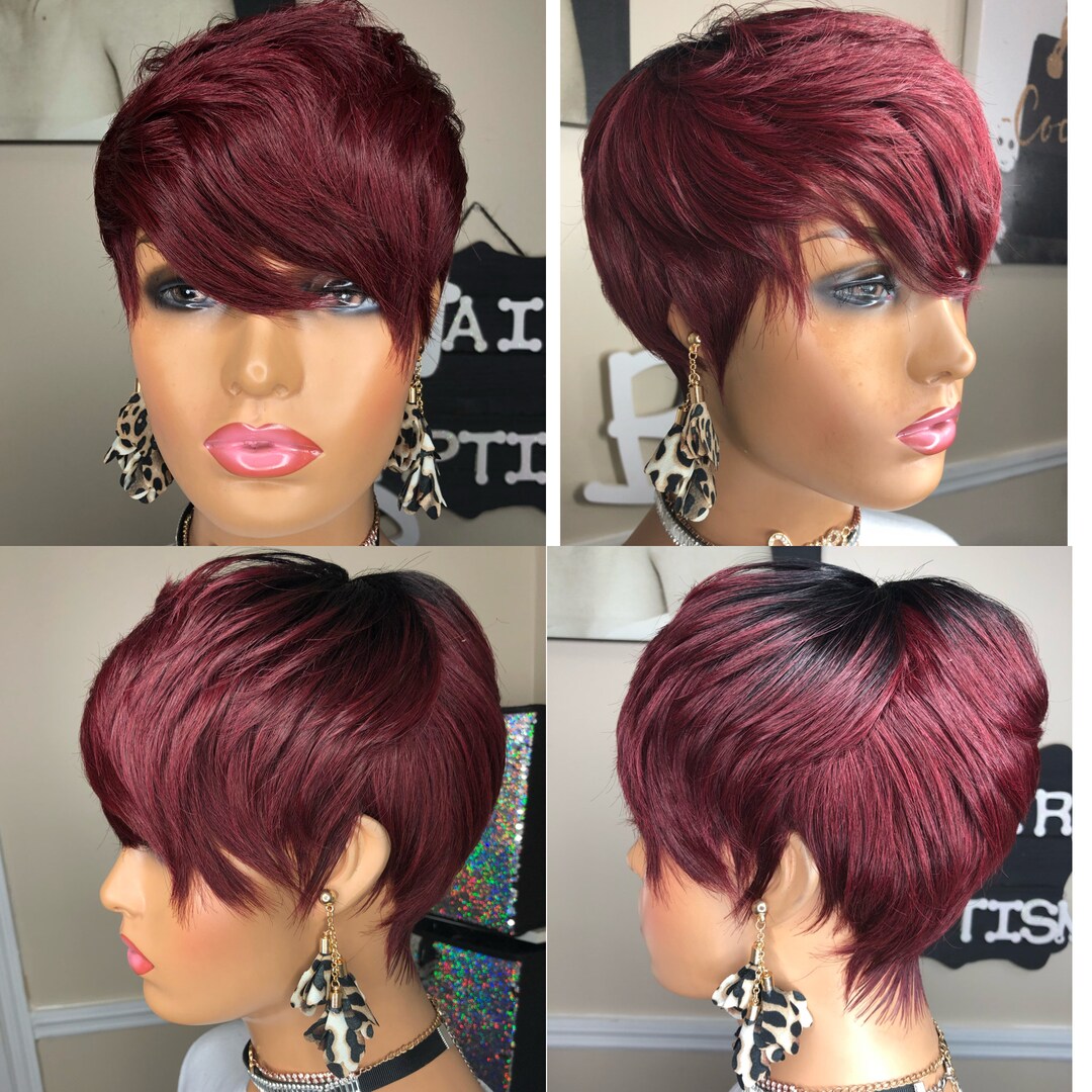 WIG/ Short/ Human Hair With CHOPPY Feathered Bang Burgundy Maroon W ...