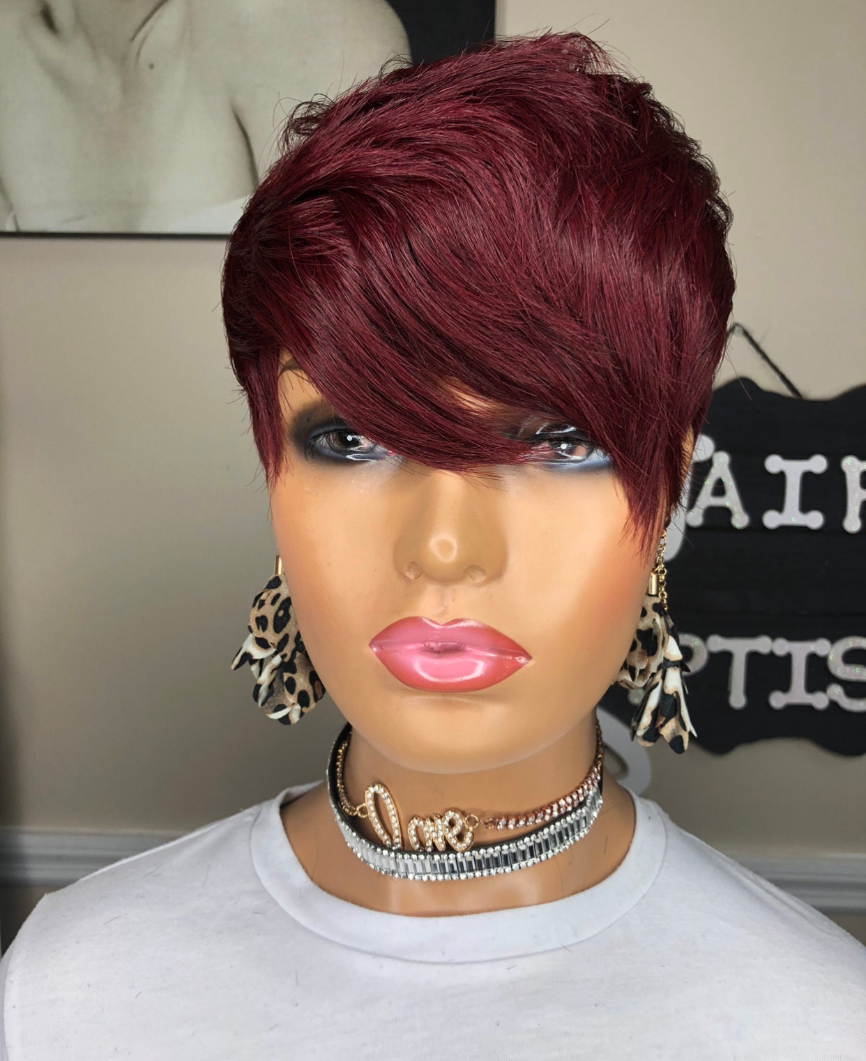 WIG/ Short/ Human Hair With CHOPPY Feathered Bang Burgundy - Etsy