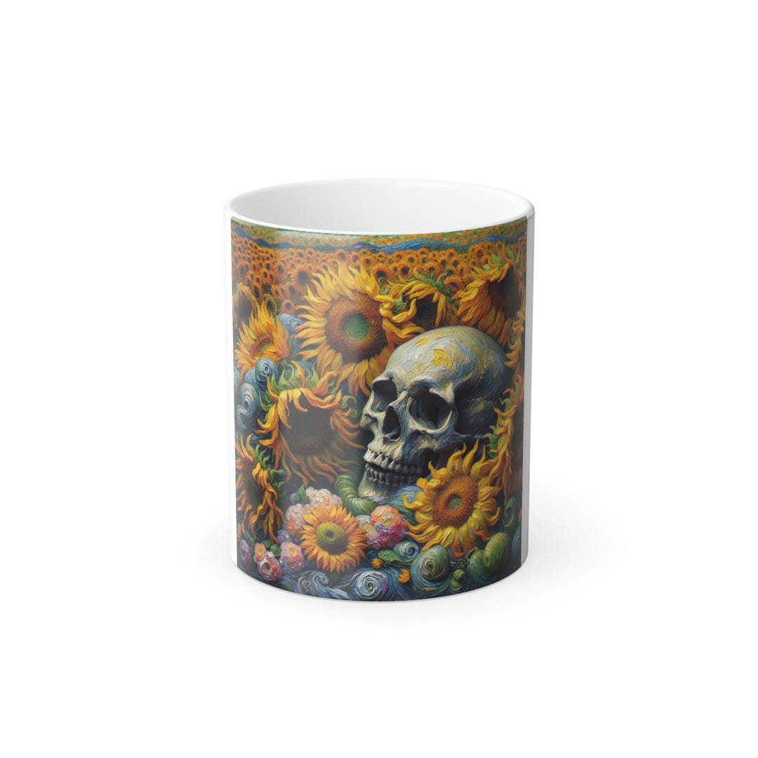 White Color Morphing Skull & Sunflower Mug, 11oz - Etsy