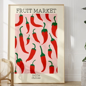 Chilli Fruit Market Print: Retro Kitchen Wall Art, Spicy Pink & Red ...