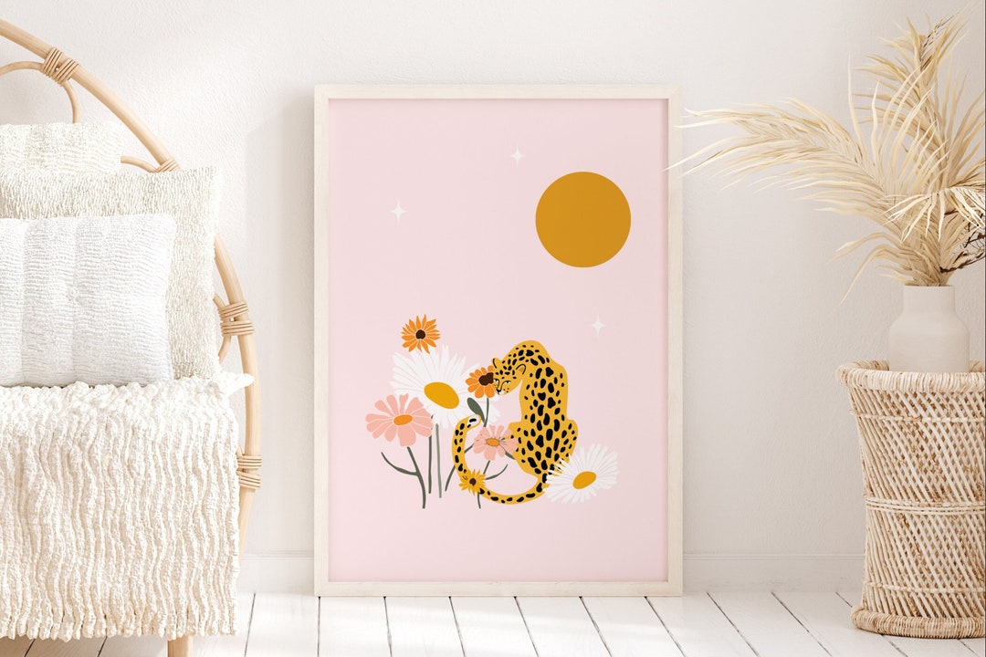 Leopard and Flowers Print: Boho Pink Floral Wall Art - Etsy