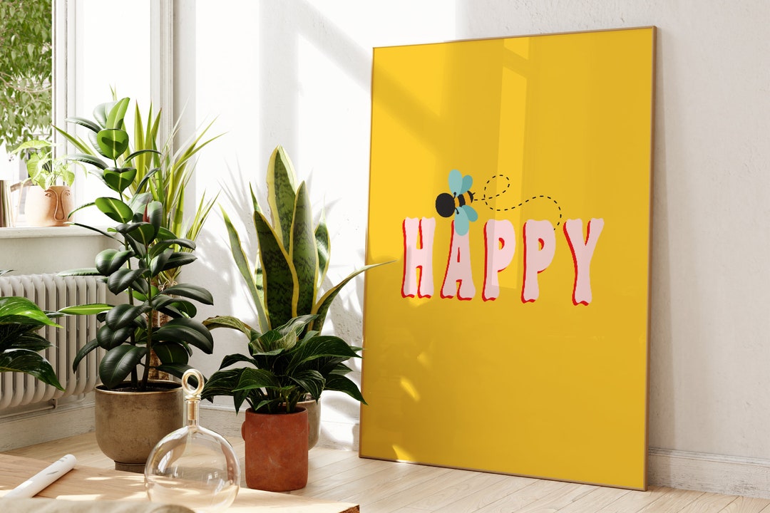 Bee Happy Wall Art: Colourful Yellow Quote Print Available in 16 Sizes ...