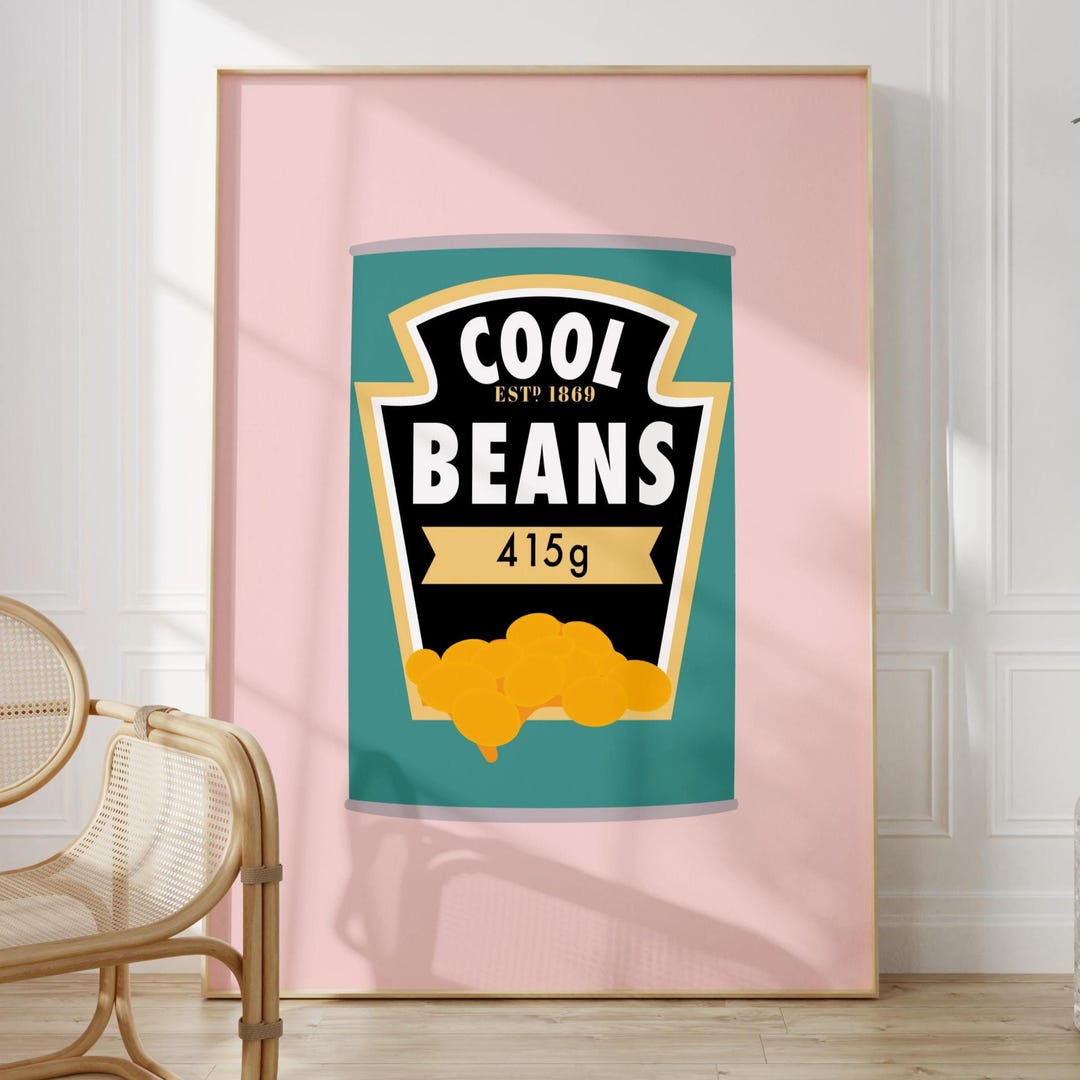 Cool Beans Print, Light Pink Kitchen Wall Art, Baked Beans Art, Fun ...