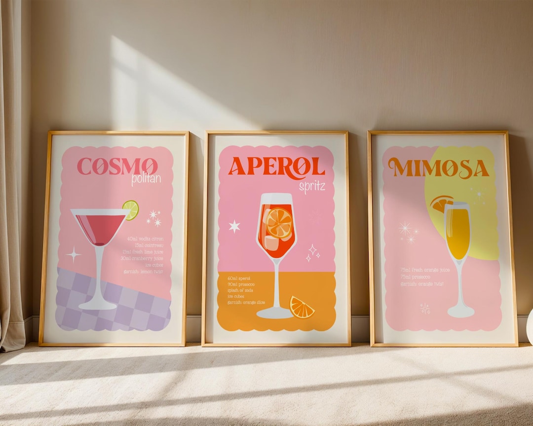 Pink Cocktail Set of 3 Prints, Aperol Spritz, Cosmopolitan, Mimosa ...