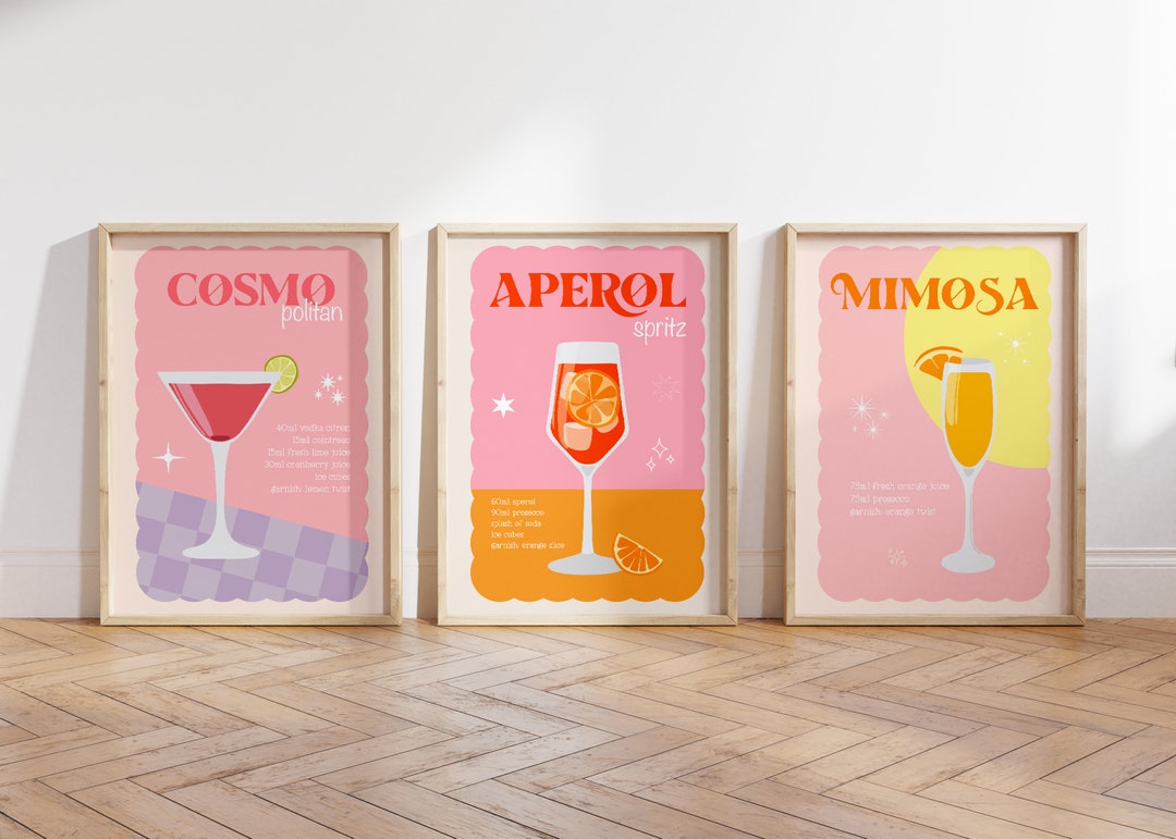 Pink Cocktail Prints Set of 3, Unframed 4x6/5x7/8x10/a6/a5/a4/a3/a2/a1 ...