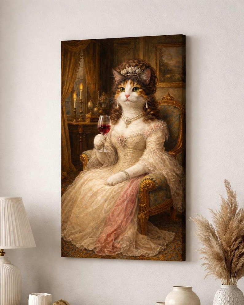 Fancy Calico Cat Canvas Wall Art, Vintage Aristocrat Cat Portrait ...
