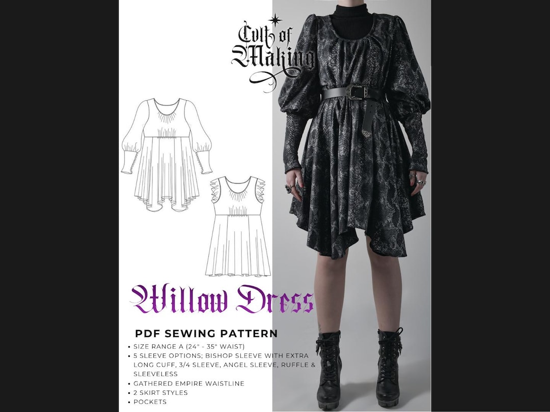 Willow Dress Sewing Pattern, Empire Waist, Bishop Sleeve (PDF Pattern ...