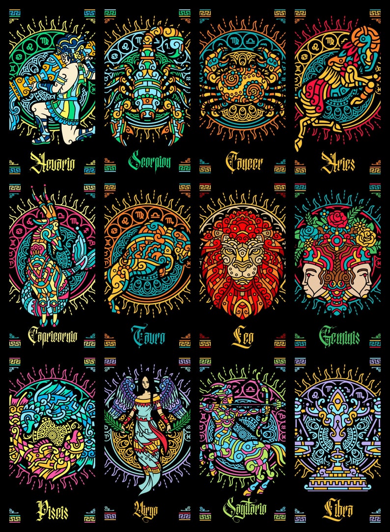 Zodiac Signs in Mayan Design, High Resolution PDF and PNG Vector File ...