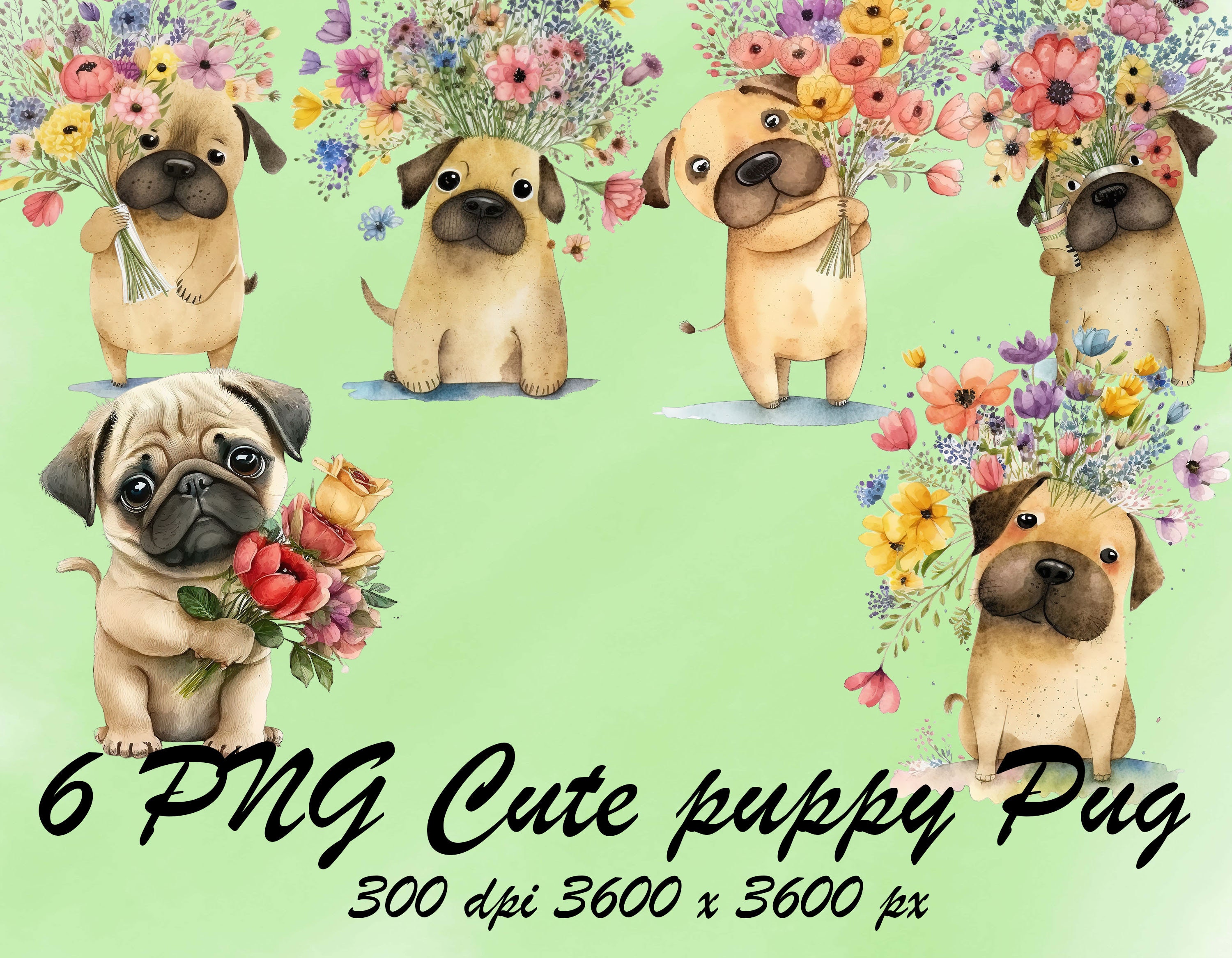 6 Cute Puppy Pug PNG, Spring Flower Watercolor PNG - Etsy