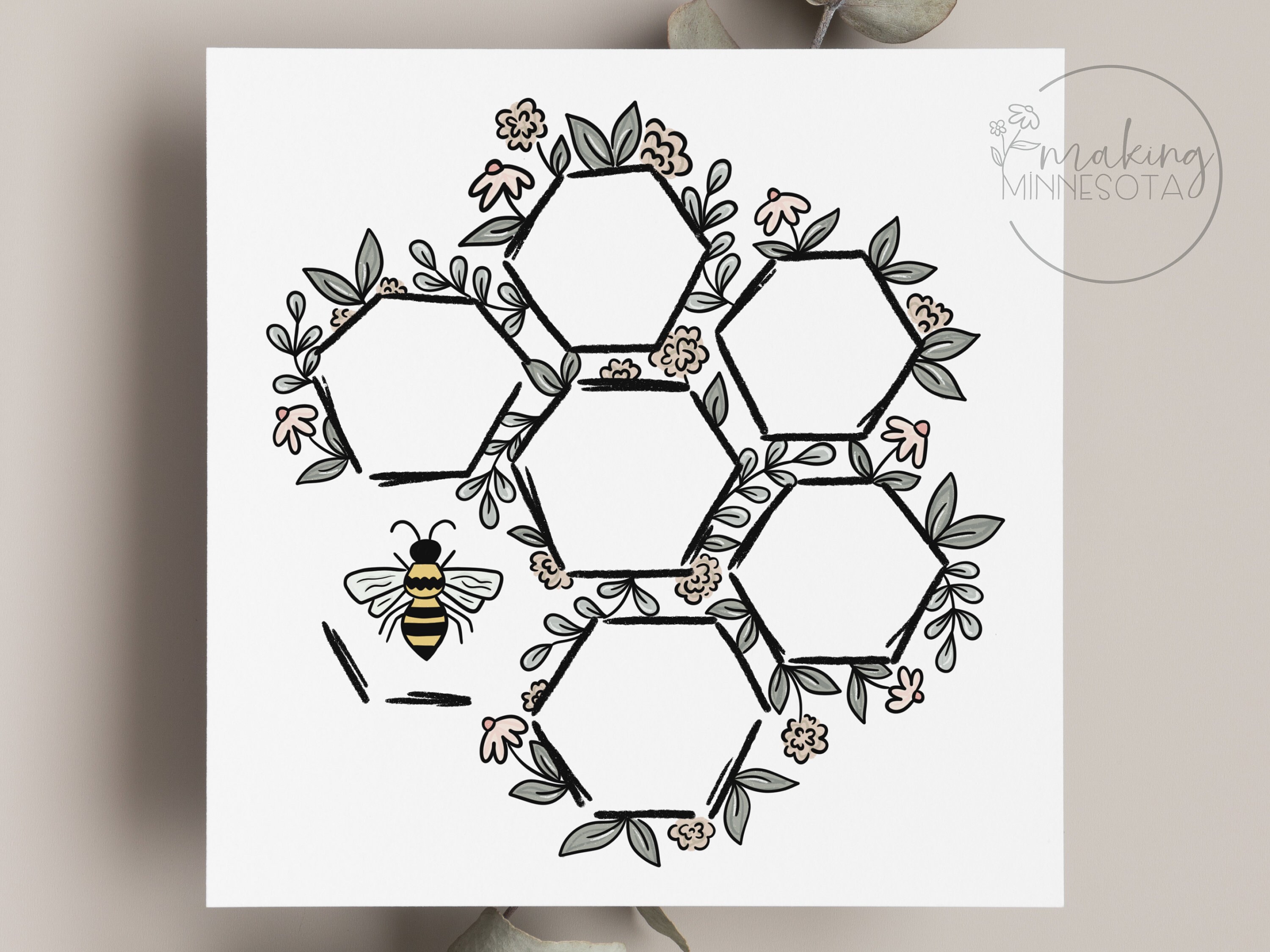 Digital Download - Honeycomb Floral Art Print - Bee Art - Floral Wall ...