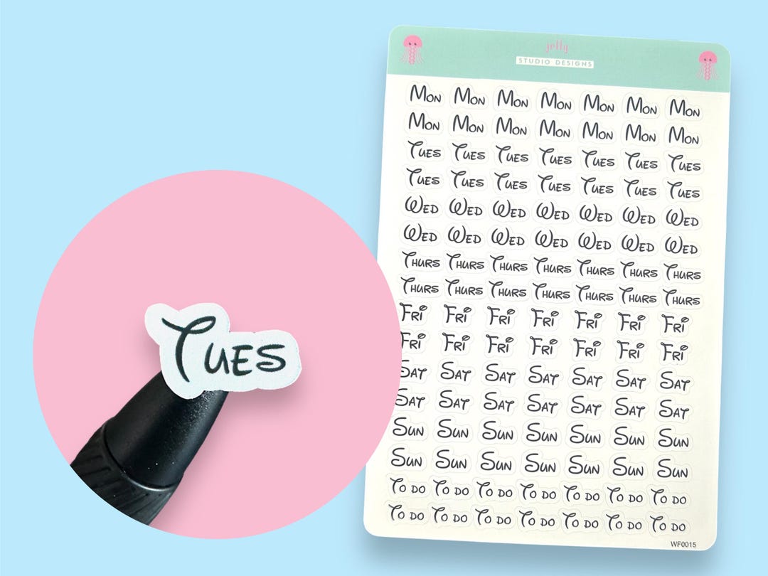 Short Days of the Week Script Planner Stickers, 112 Stickers per Sheet ...