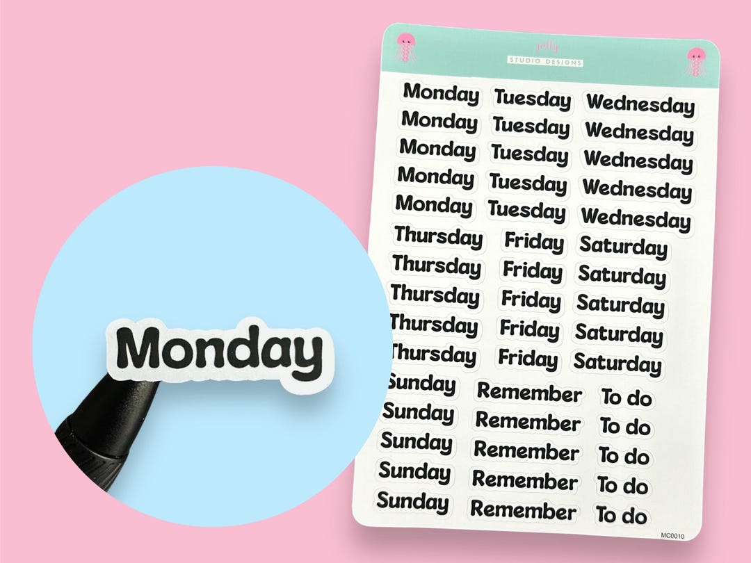 Days of the Week Script Planner Stickers, 45 Stickers per Sheet, Chunky ...