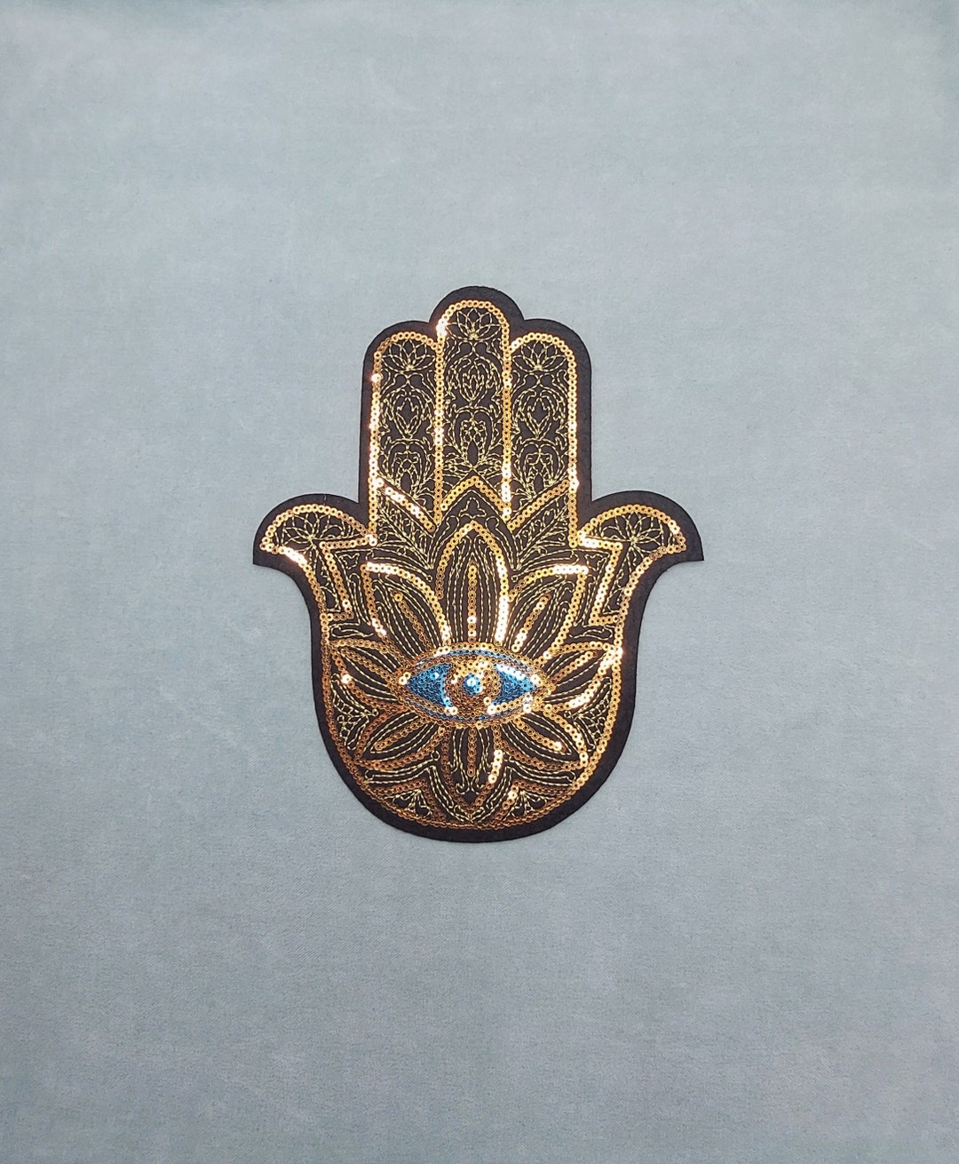 Iron-on Khamsa Hand Patch, Golden Sequin Hand of Fatma Badge 21 Cm X 16 ...