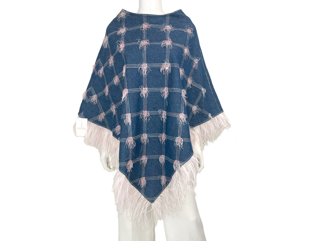 1:1 Feather Trim Denim Poncho One Size - Etsy
