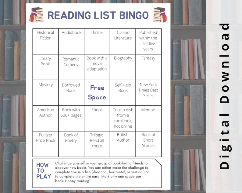 Reading List Bingo • Book Club Bingo Game • Book Club Party Game • Book ...