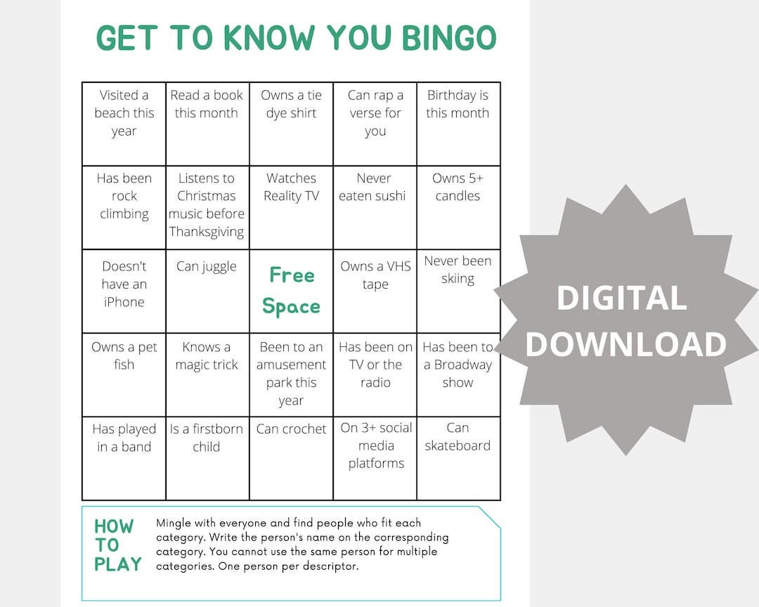Get to Know You Bingo Game • Digital Download Printable • "find Someone ...